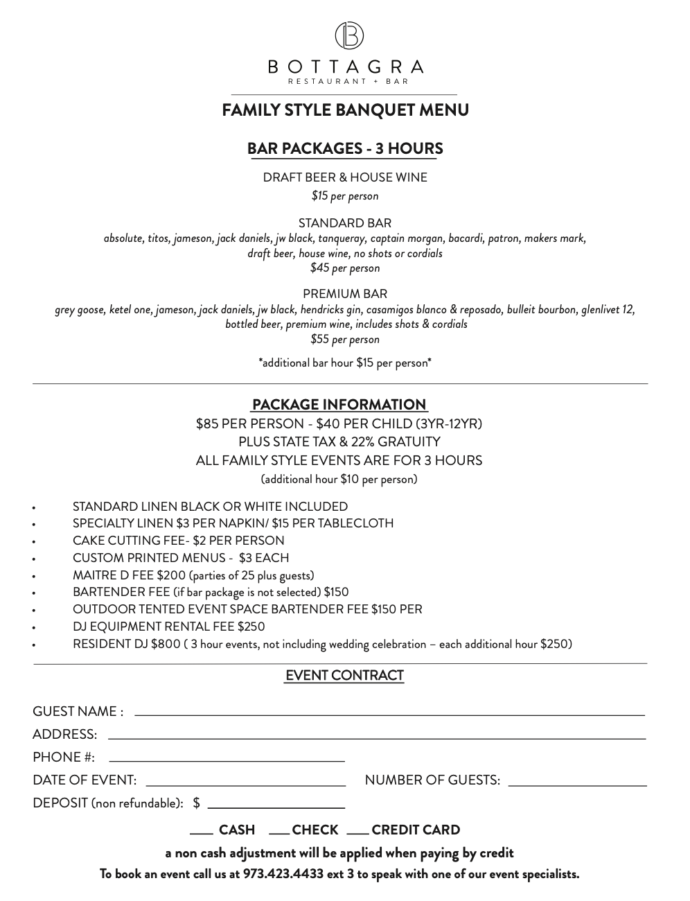 Family Style Banquet Menu — Bottagra